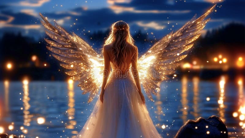 Gorgeous ET Angel Woman with Golden Sparkly Angelic Wings in a Lake ...