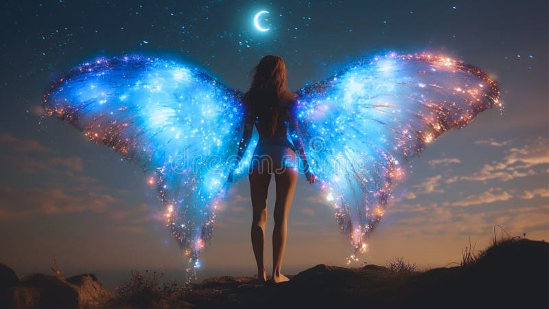 Gorgeous Angel Woman with Sparkly Blue Butterfly Wings Under a ...