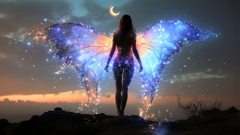 Gorgeous Angel Woman with Sparkly Blue Butterfly Wings Under a ...