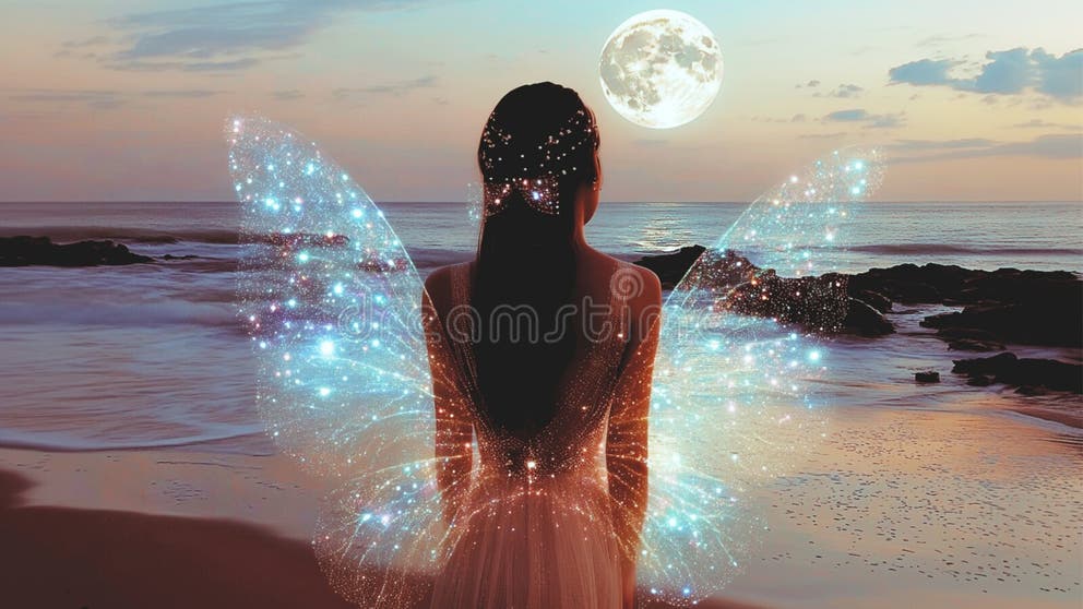 Fantasy Angel Woman with Magical Sparkling Butterfly Wings in a Beach ...