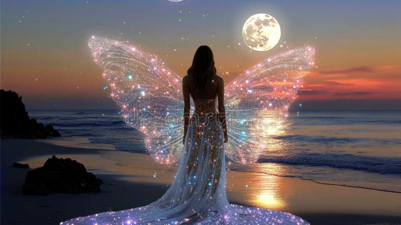 Fantasy Angel Woman with Magical Sparkling Butterfly Wings in a Beach ...