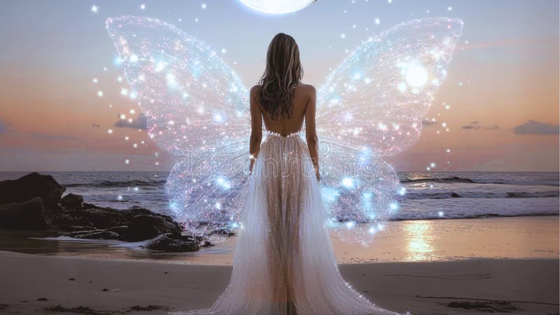 Fantasy Angel Woman with Magical Sparkling Butterfly Wings in a Beach ...