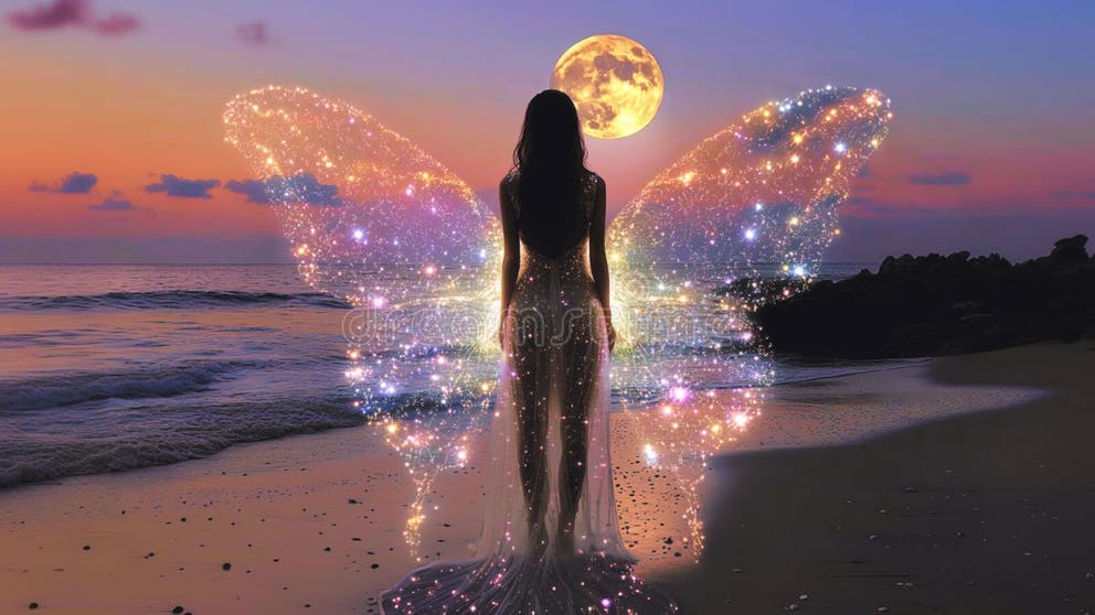 Fantasy Angel Woman with Magical Sparkling Butterfly Wings in a Beach ...