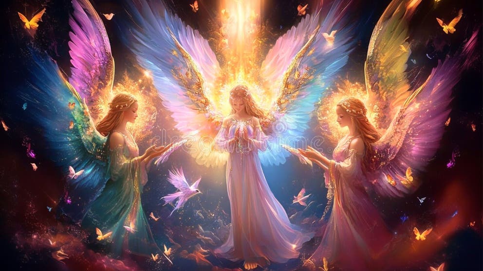 Group of Religious Holy Angelic Women with Colorful Wings and Dresses ...
