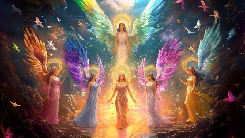 Group of Religious Holy Angelic Women with Colorful Wings and Dresses ...