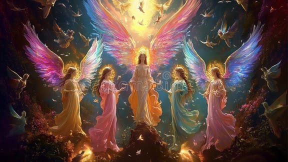 Group of Religious Holy Angelic Women with Colorful Wings and Dresses ...