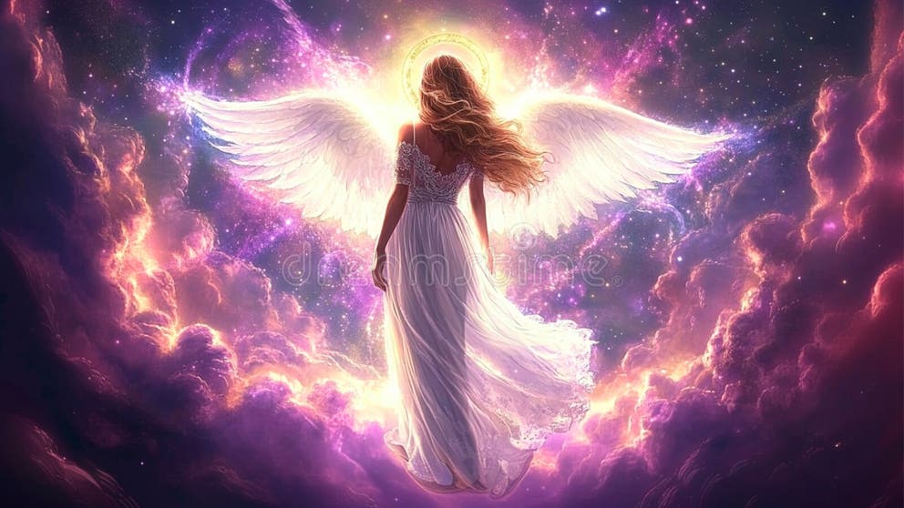 Gorgeous Angel Woman with Angelic Wings in a Purple Ethereal Astral ...