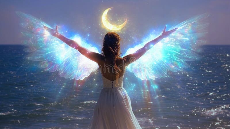 Fantasy Angel Woman with Feather Wings in a Magical Rainbow Ocean ...