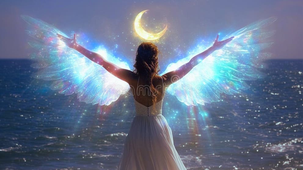 Fantasy Angel Woman with Feather Wings in a Magical Rainbow Ocean ...