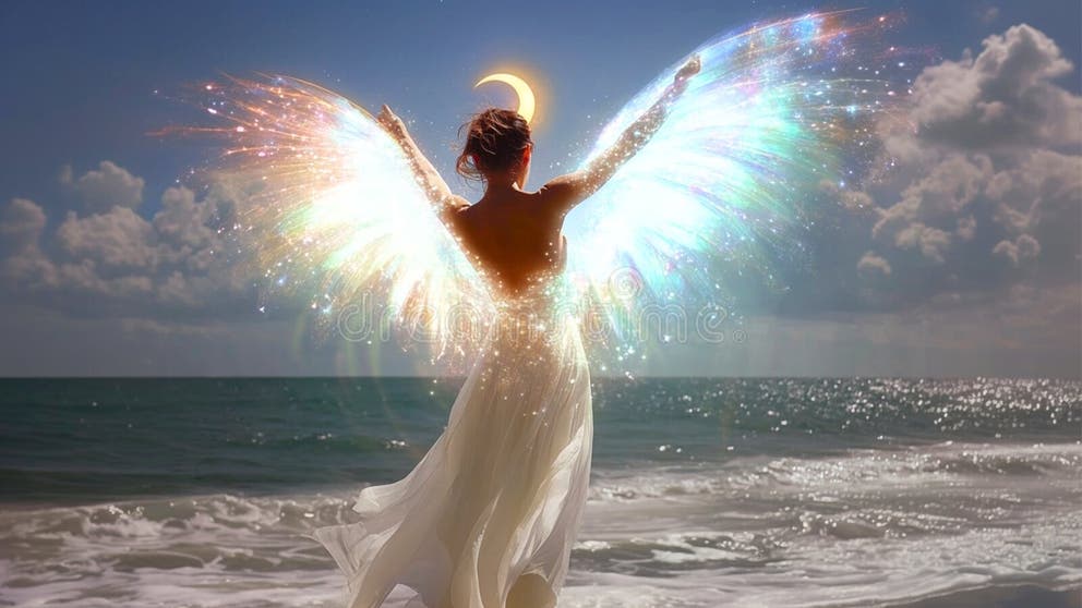 Fantasy Angel Woman with Feather Wings in a Magical Rainbow Ocean ...