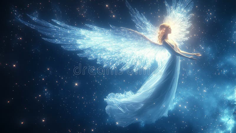 Gorgeous Angel Woman with Angelic Wings in a Blue Ethereal Astral ...