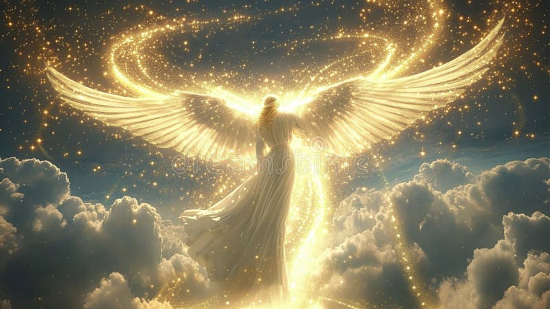 Majestic Powerful Astral Golden Light Angel on Top of Clouds in a Blue ...