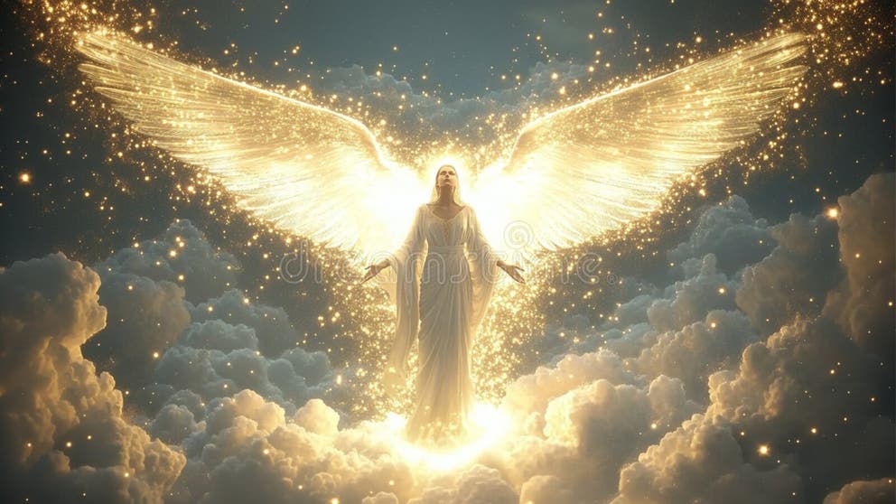 Majestic Powerful Astral Golden Light Angel on Top of Clouds in a Blue ...