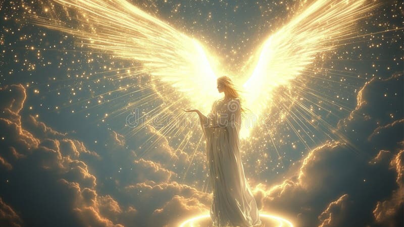Majestic Powerful Astral Golden Light Angel on Top of Clouds in a Blue ...