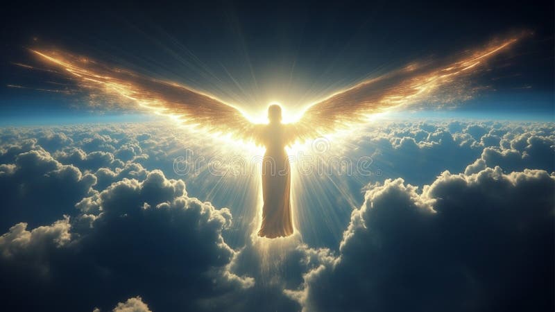 Majestic Powerful Astral Golden Light Angel on Top of Clouds in a Blue ...
