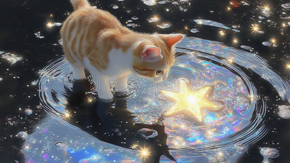 A Cute Anime Kitty Cat on a Sparkling Starry Puddle Reflecting the ...