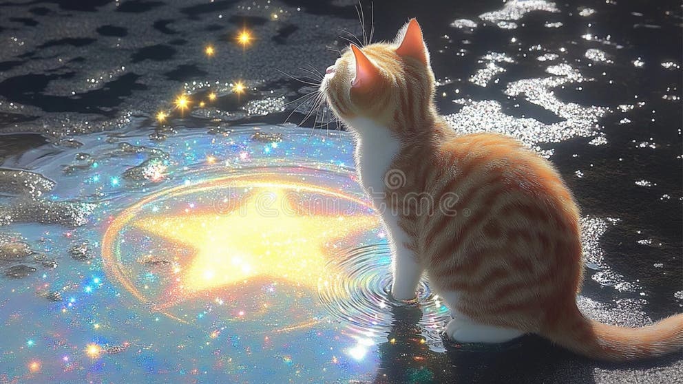 A Cute Anime Kitty Cat on a Sparkling Starry Puddle Reflecting the ...