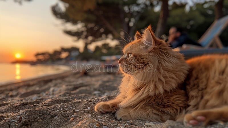 A Cute Kitty Cat at the Beach in a Sunset or Sunrise Stock Photo ...