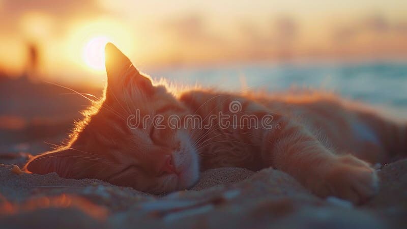 A Cute Kitty Cat at the Beach in a Sunset or Sunrise Stock Photo ...