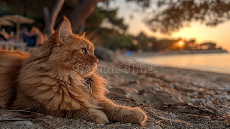 A Cute Kitty Cat at the Beach in a Sunset or Sunrise Stock Image ...