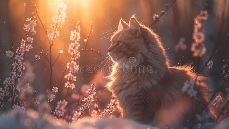 A Cute Kitty Cat in a Snowy Field with Pink Flowers during Sunset or ...