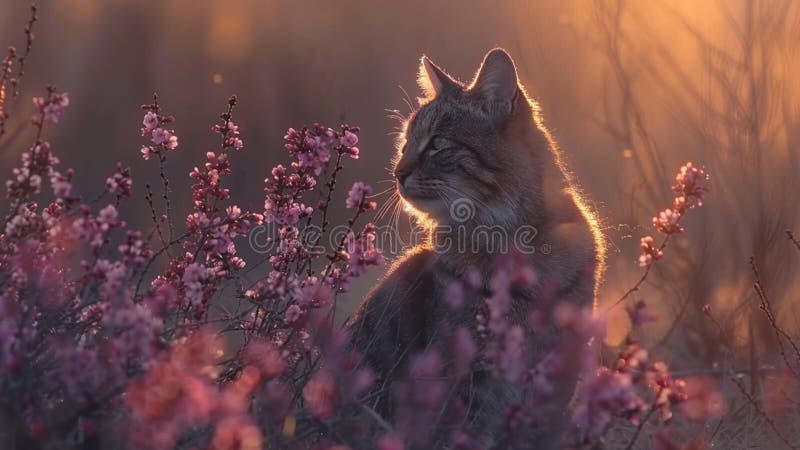 A Cute Kitty Cat in Field with Pink Flowers during Sunset or Sunrise ...
