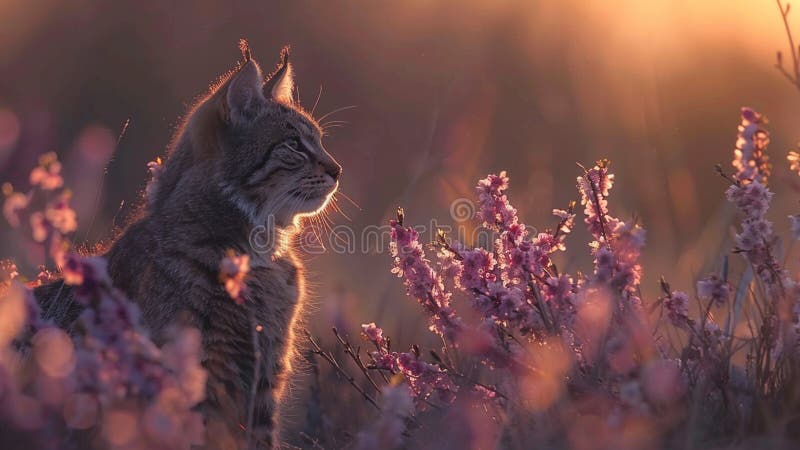 A Cute Wild Cat in a Field with Pink Flowers during Sunset or Sunrise ...