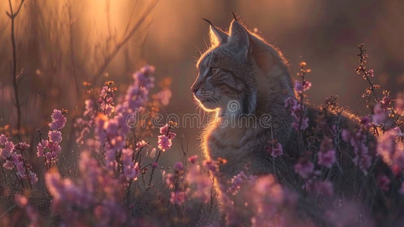 A Cute Wild Cat in a Field with Pink Flowers during Sunset or Sunrise ...