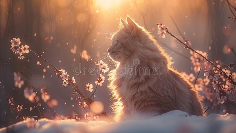 A Cute Kitty Cat in a Snowy Field with Pink Flowers during Sunset or ...