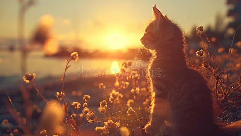A Cute Baby Kitty Cat in a Field with Flowers during Sunset or Sunrise ...