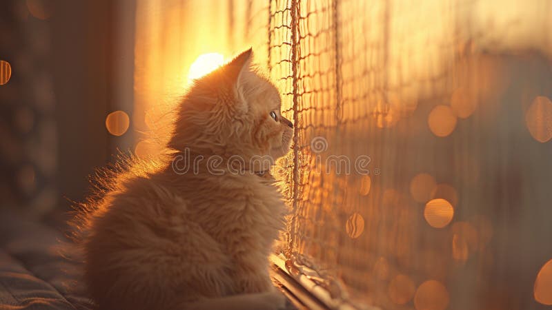 A Cute Baby Kitty Cat Looking Outside through a Window during a Sunset ...