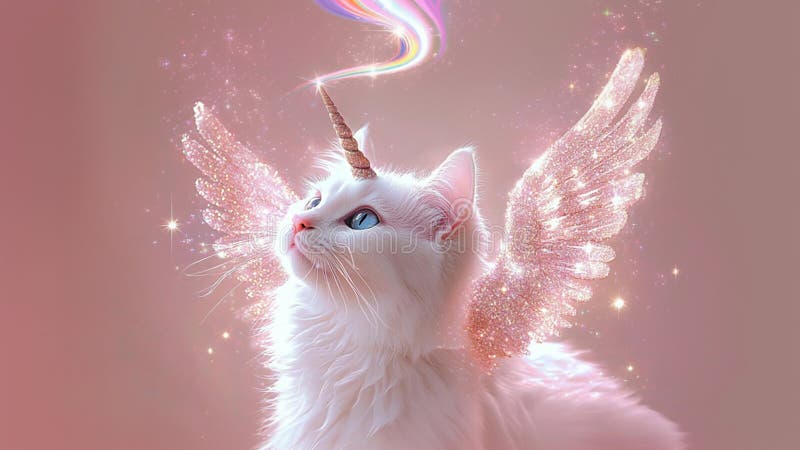 A Cute Fantasy White Kitty Cat with Magical Unicorn Horn, Glittery ...