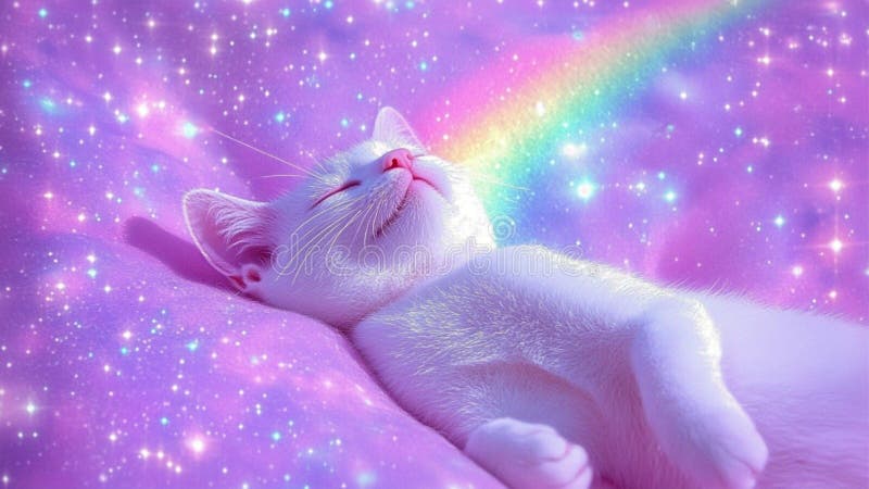 A Cute Kitty Cat Sleeping and Dreaming on a Comfy Bed Surrounded by ...