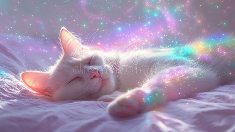 A Cute Kitty Cat Sleeping and Dreaming on a Comfy Bed Surrounded by ...