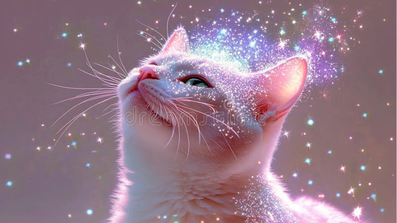 A Cute Fantasy White Kitty Cat Surrounded by Magical, Glittery ...