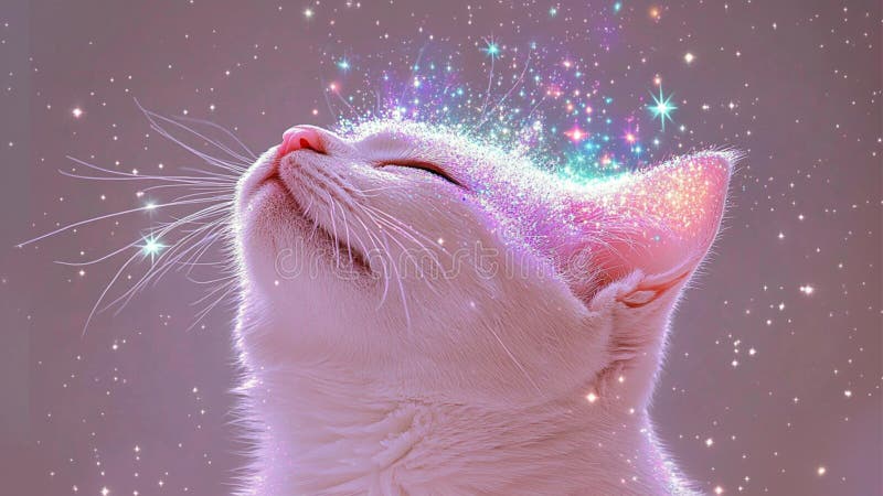 A Cute Fantasy White Kitty Cat Surrounded by Magical, Glittery ...