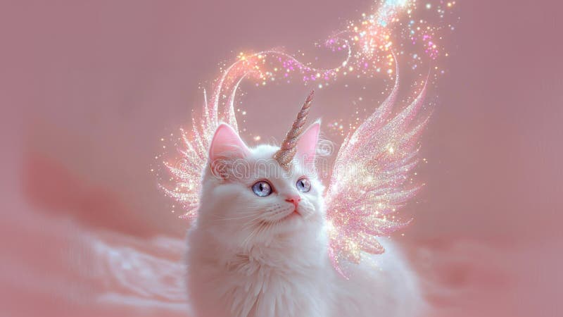 A Cute Fantasy White Kitty Cat with Magical Unicorn Horn, Glittery ...
