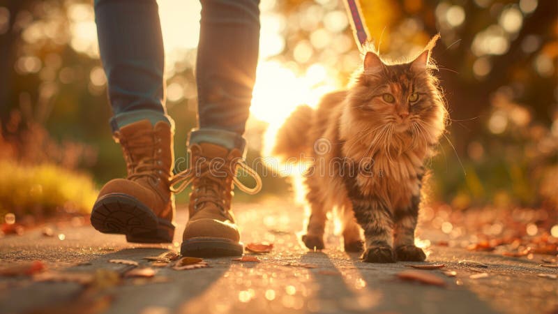 Woman Walking a Cute Kitty Cat in a Sunset or Sunrise Stock Image ...