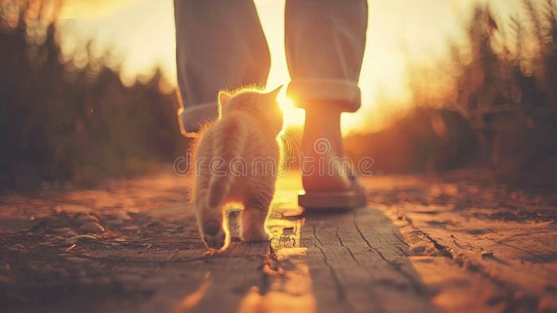 Woman Walking a Cute Kitty Cat in a Sunset or Sunrise Stock Photo ...