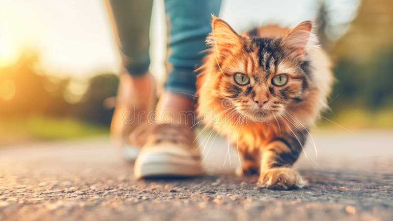 Woman Walking a Cute Kitty Cat in a Sunset or Sunrise Stock Image ...