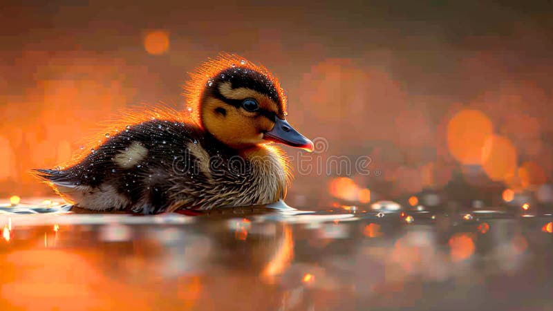 A Beautiful Baby Duck Swimming in a Lake at a Sunset or Sunrise Stock ...
