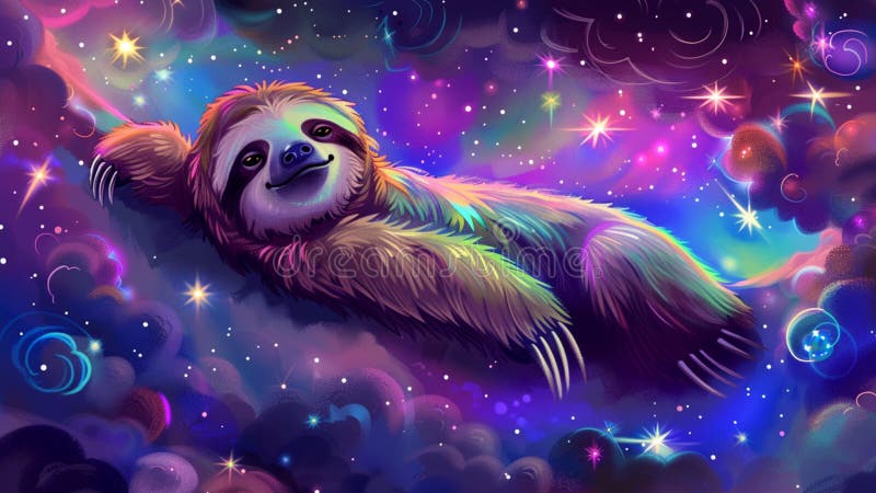 Cosmic Sloth on a Beautiful Dreamlike Cloud in a Fantasy Magical Forest ...