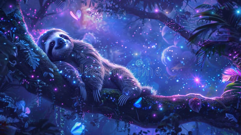Cosmic Sloth on a Beautiful Dreamlike Tree Branch in a Fantasy Magical ...