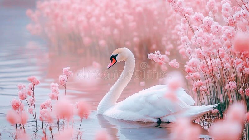 A Beautiful Delicate White Swan Swimming in a Beautiful Lake with Pink ...