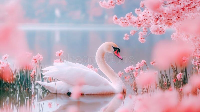 A Beautiful Delicate White Swan Swimming in a Beautiful Lake with Pink ...