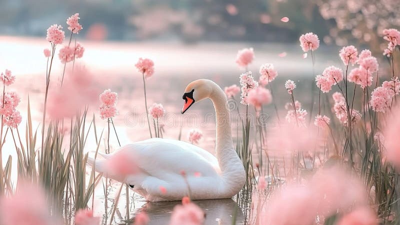 A Beautiful Delicate White Swan Swimming in a Beautiful Lake with Pink ...