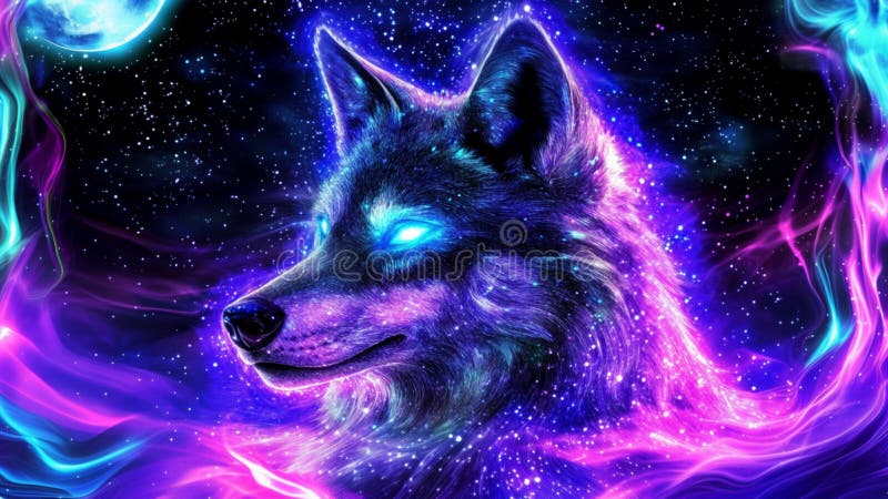 Cosmic Wolf with Bright Eyes in an Universe Background Stock ...