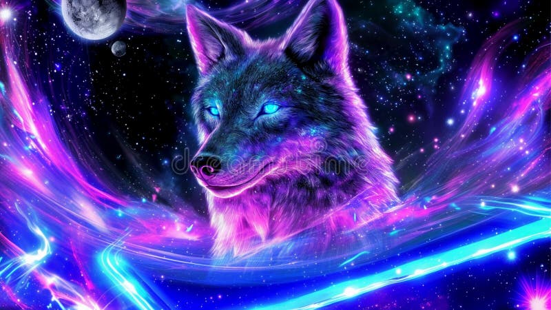 Cosmic Wolf with Bright Eyes in an Universe Background Stock ...