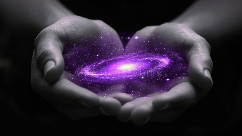 Palm of Hands Holding a Cosmic Glowing Purple Galaxy and Galactic Stars ...