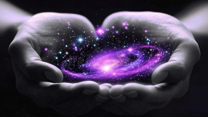 Palm of Hands Holding a Cosmic Glowing Purple Galaxy and Galactic Stars ...